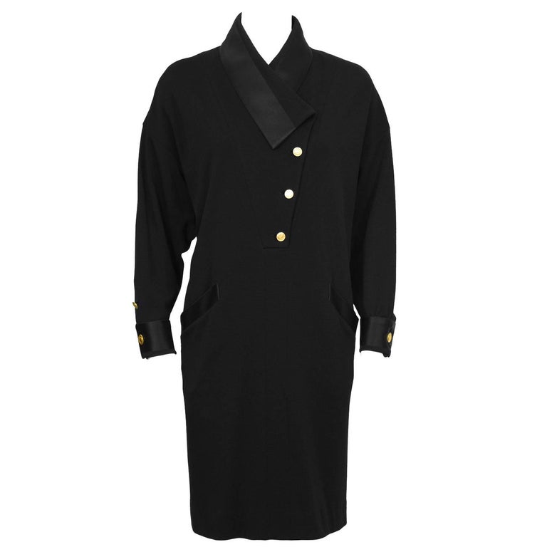 1980's Chanel Black Wool Jersey and Satin Dinner Dress at 1stDibs