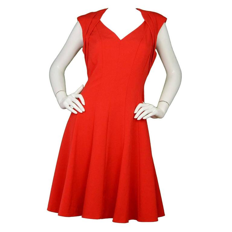 Calvin Klein Red V-Neck Dress Sz 6 with Pleats at Shoulder For Sale at ...