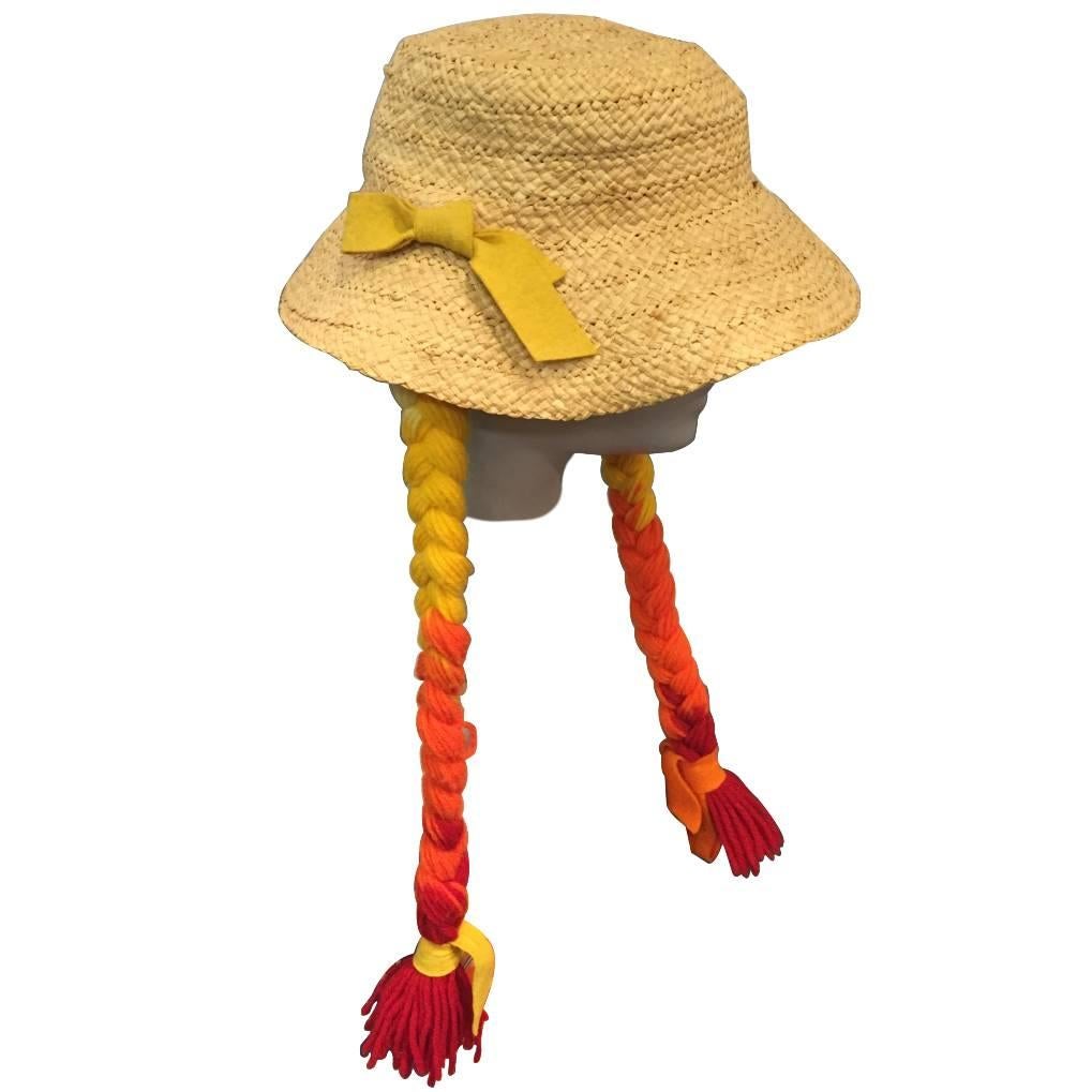 1960s Mr. Kenneth Straw Beach Hat w Red, Orange and Yellow Ombré Yarn ...