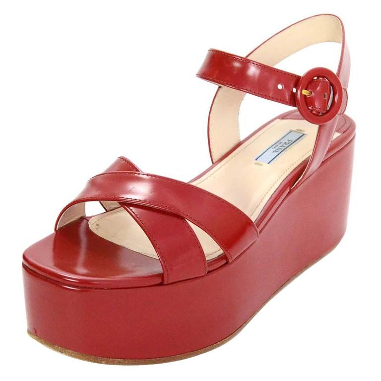 Prada Red Leather Platform Sandals Sz 39 w/ Box For Sale at 1stDibs