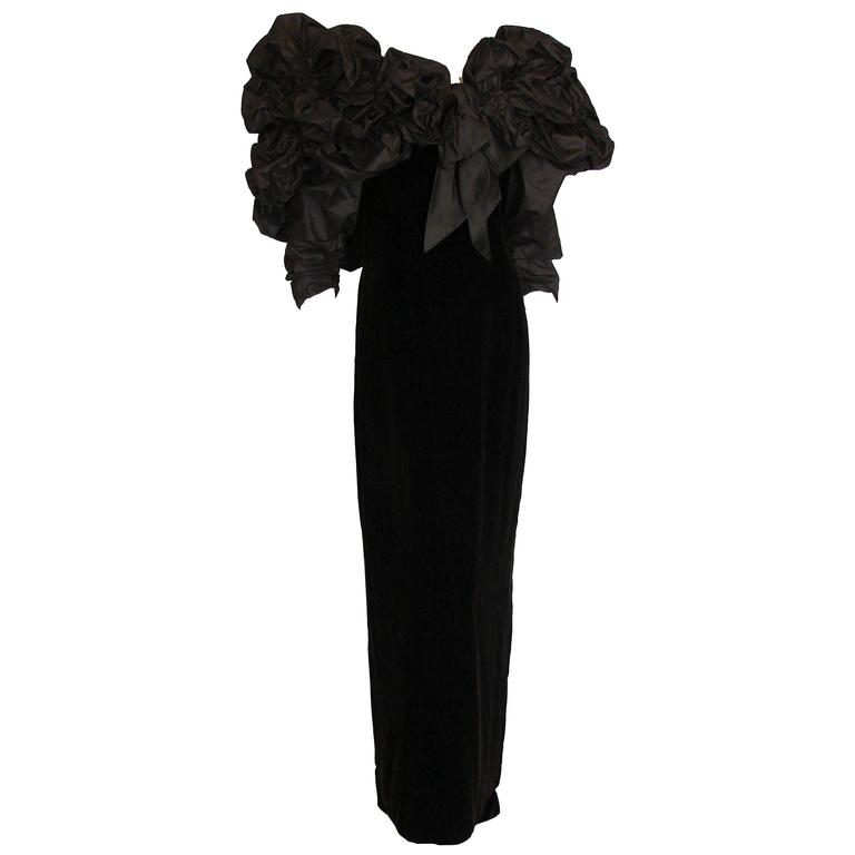 Bill Blass Evening Gown Voluminous Silk Taffeta Top Velvet Column