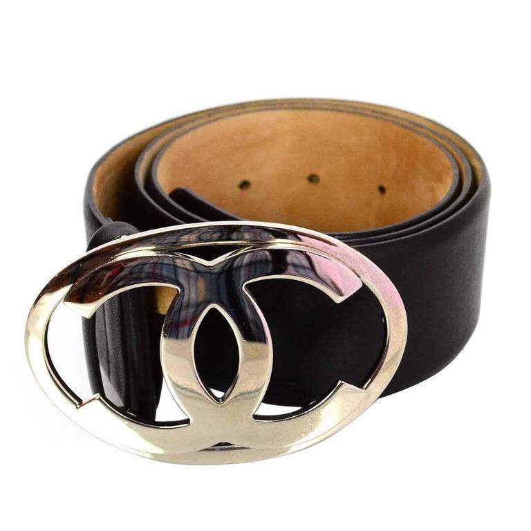 Chanel Black Leather CC Logo Belt Sz 34 For Sale at 1stDibs