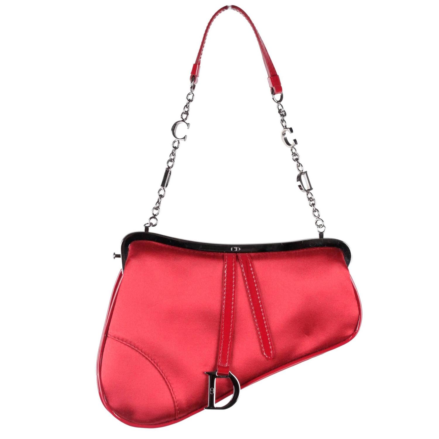 CHRISTIAN DIOR Red Satin EVENING Mini SADDLE BAG Handbag CLUTCH Purse ...