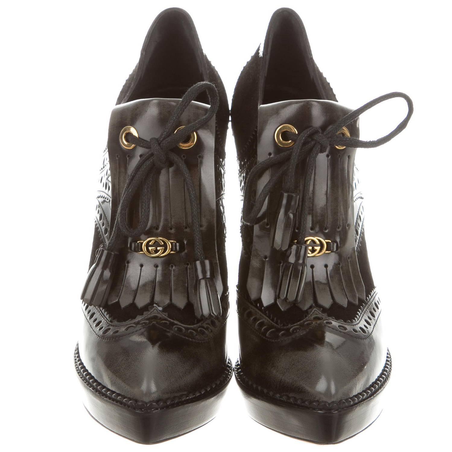 Gucci NEW and SOLD OUT Black Gray Leather Fringe Lace Up Ankle Boots ...