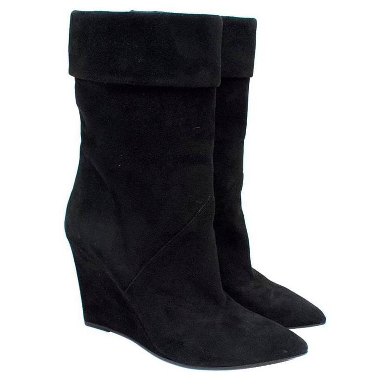Saint Laurent Black Suede Mid-Calf Wedge Boots For Sale at 1stDibs