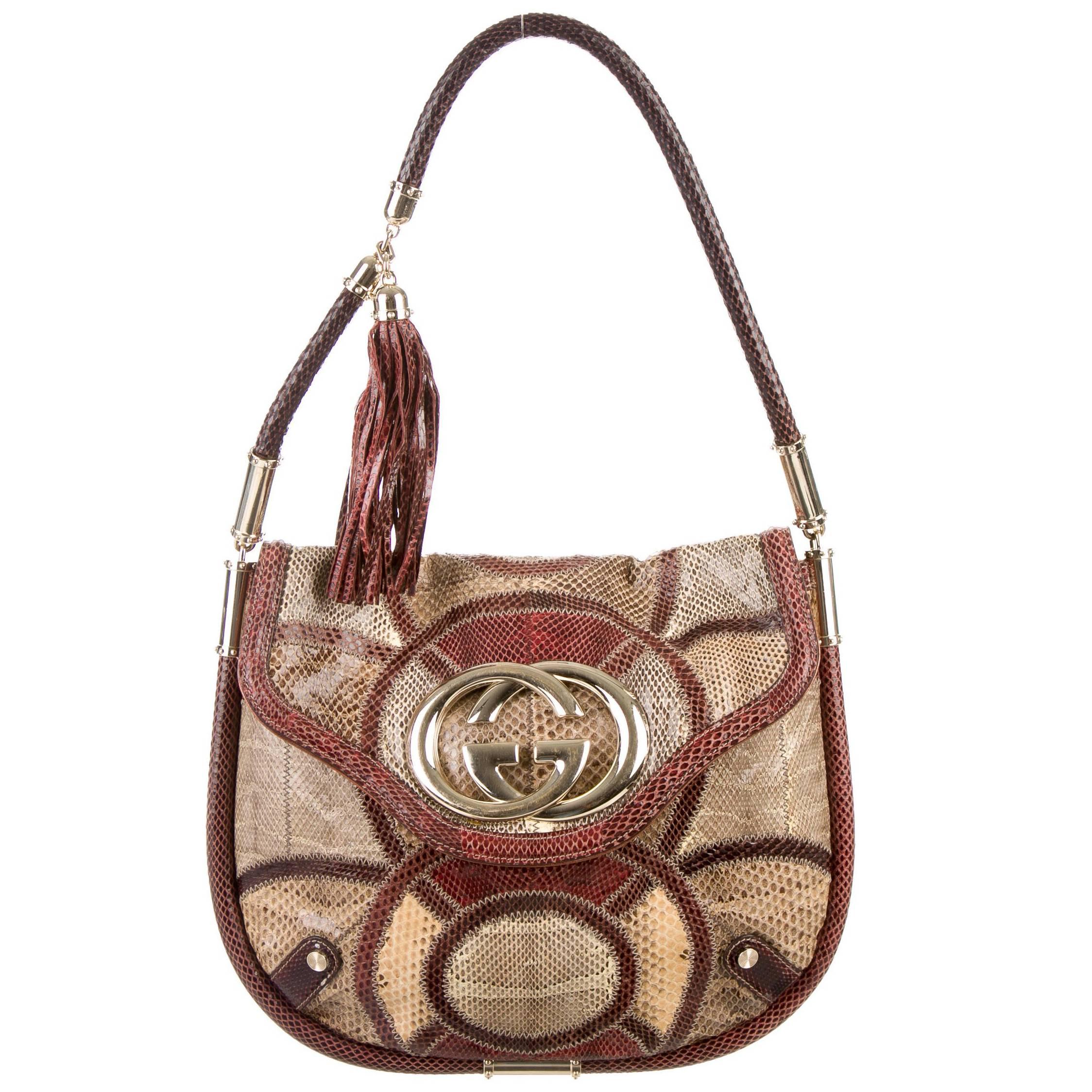 Gucci Multi Color Patchwork Python Snakeskin Gold Flap Shoulder Hobo ...