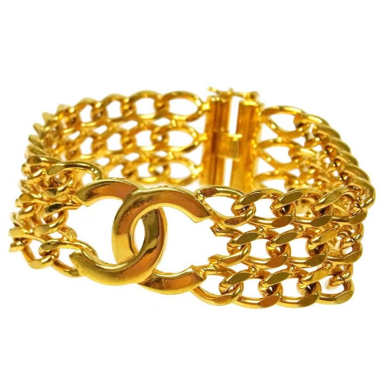 Chanel Vintage Gold Charm Three Strand Link Evening Cuff Bracelet at ...