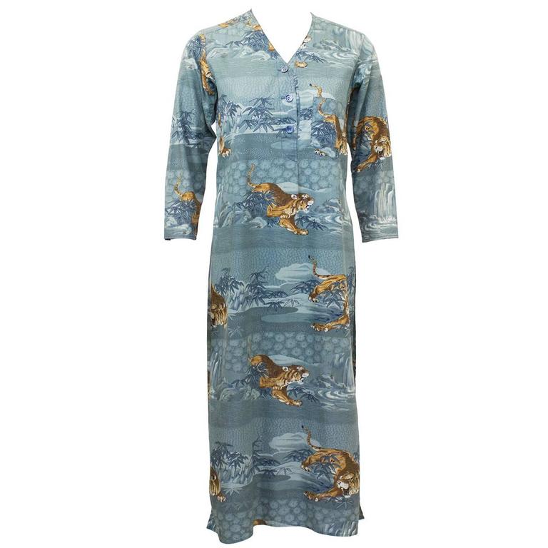 1970's Kenzo JAP Blue Cotton Tiger Print Maxi Tunic at 1stDibs