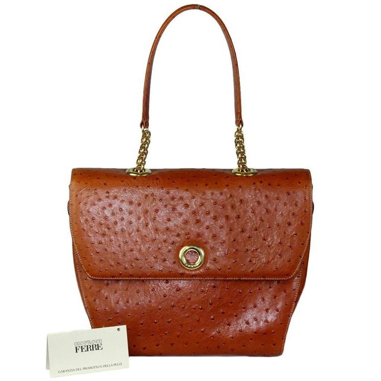 Gianfranco Ferrè 1980s vintage hand bag ostrich leather brown purse numered at 1stDibs