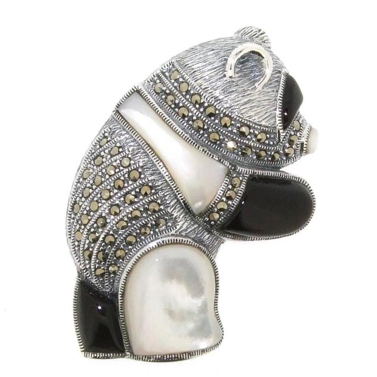 Silver Panda Brooch with Mother of Pearl and Onyx For Sale at 1stDibs