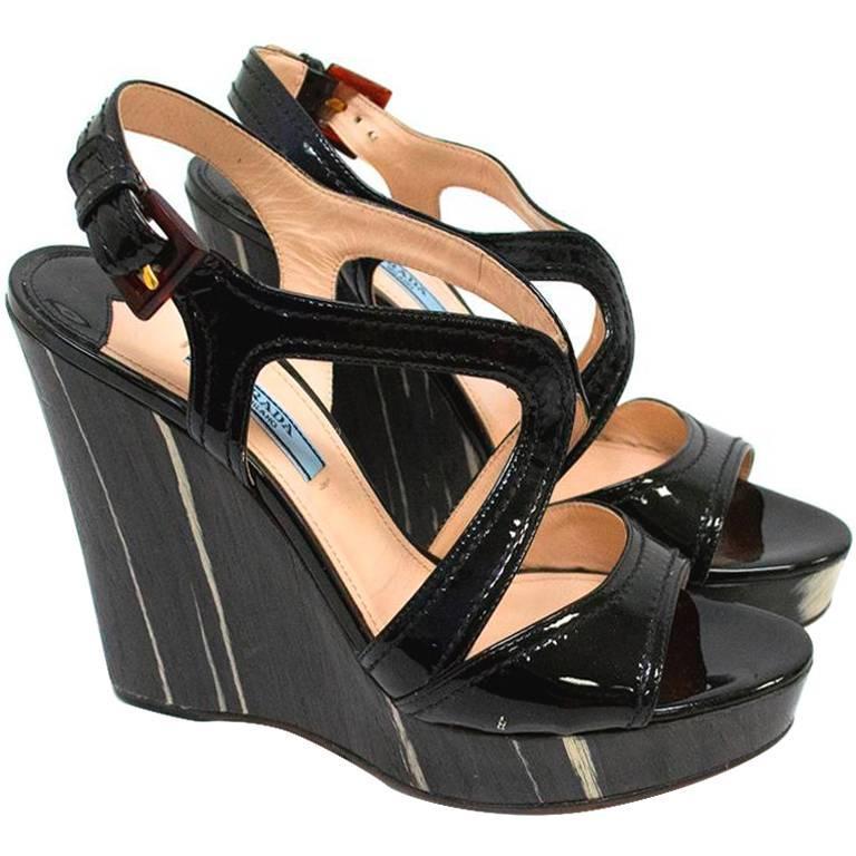 Prada Black Patent Wood Wedges Sandals at 1stDibs