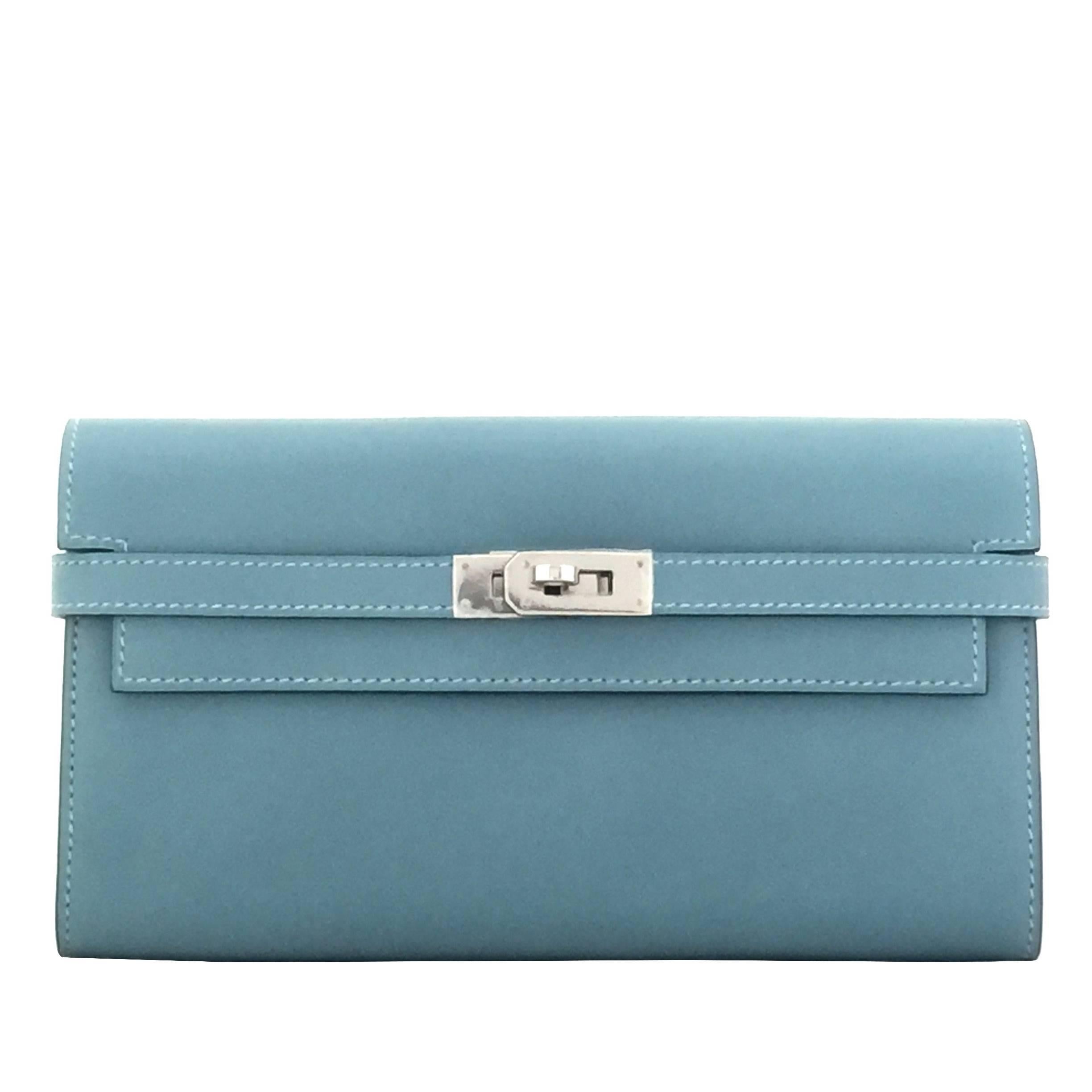 Hermes Kelly Blue Jean Swift Leather Long Wallet For Sale at 1stDibs