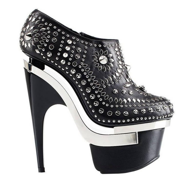 New VERSACE Black Leather Triple Platform Studded Bootie Boots at 1stDibs