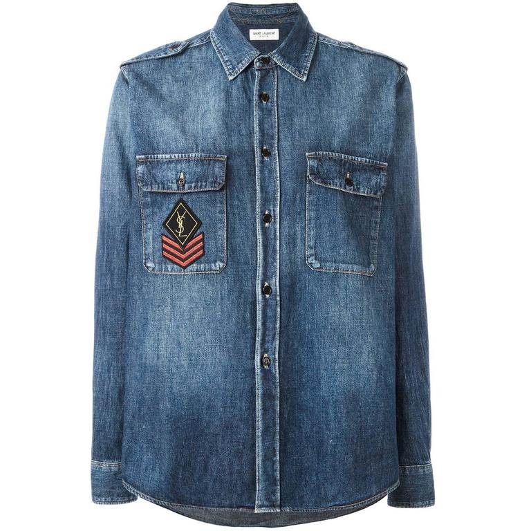 Saint Laurent NEW Military Patch Denim Shirt sz S For Sale at 1stDibs ...