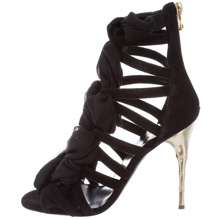 Balmain New Sold Out Runway Suede Chiffon Gold Heels Sandals Evening in ...
