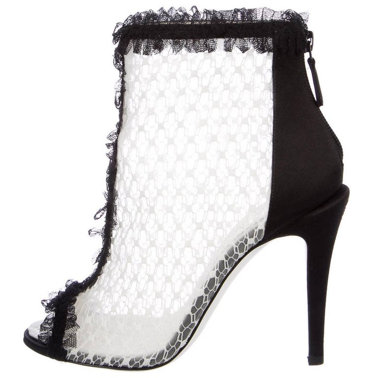 Chanel New Black Satin Lace Mesh Silver Charm Evening Ankle Booties ...