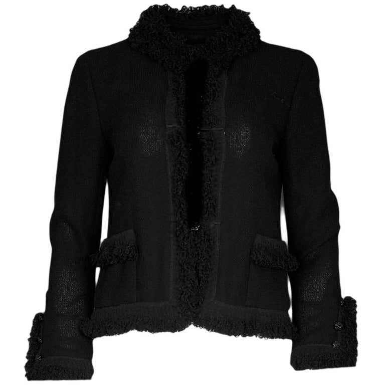 Chanel Black Wool Jacket with Ruffle Trim Detail Sz FR38 For Sale at ...