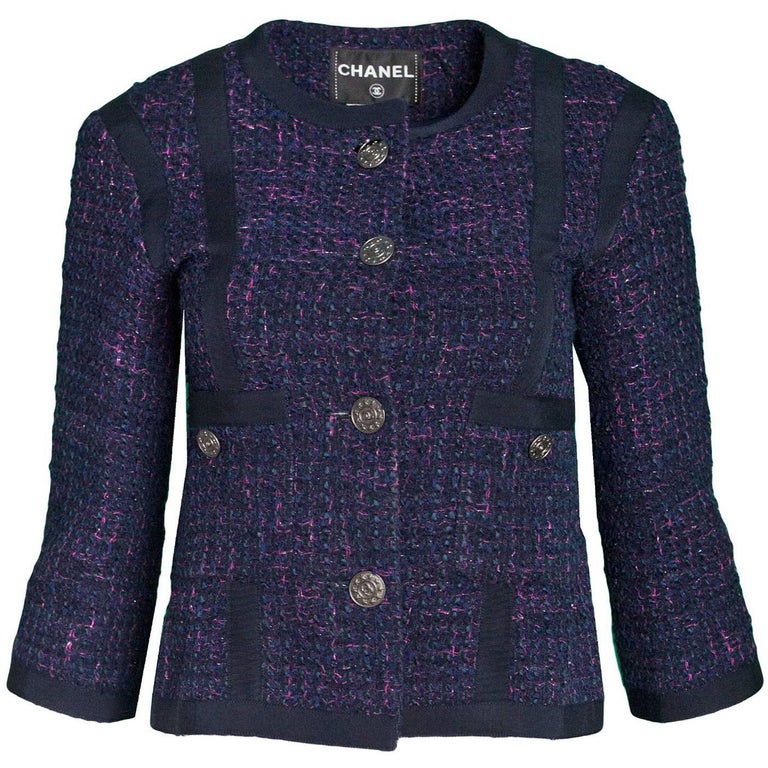 Chanel Navy and Pink Tweed Jacket with Grossgrain Trim Sz FR36 For Sale ...