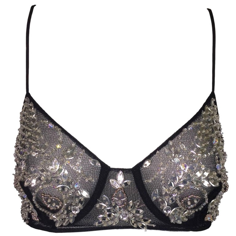 1990's La Perla Ritmo Sheer Black Mesh Crystal Bead Embellished Bra Top ...