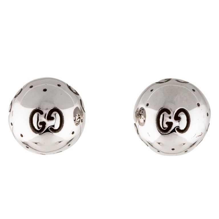 Gucci 18K White Gold Black GG Logo Charm Ball Stud Earrings in Box at ...