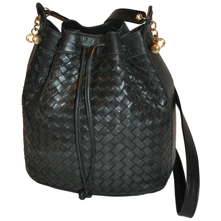 Siso Deep Navy-Black Woven Lambskin Drawstring with Gold Hardware ...