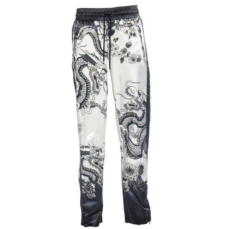 Dolce and Gabbana Men's White Black Satin Dragon Print Pants, Spring ...