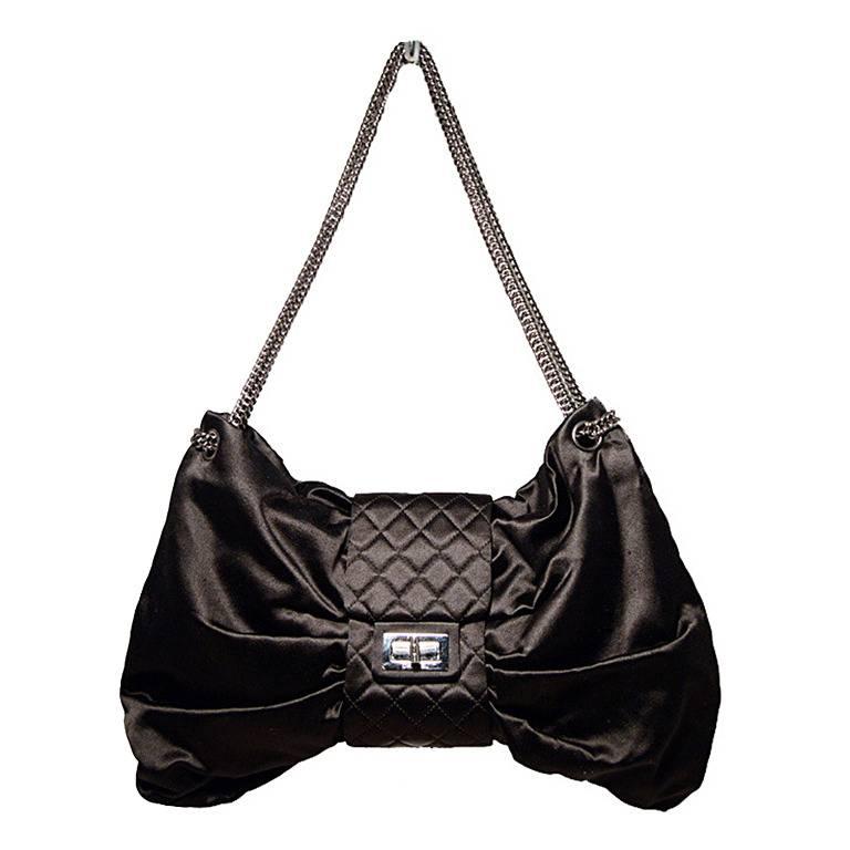 Chanel Black Satin Bow Shoulder Evening Bag For Sale at 1stDibs ...