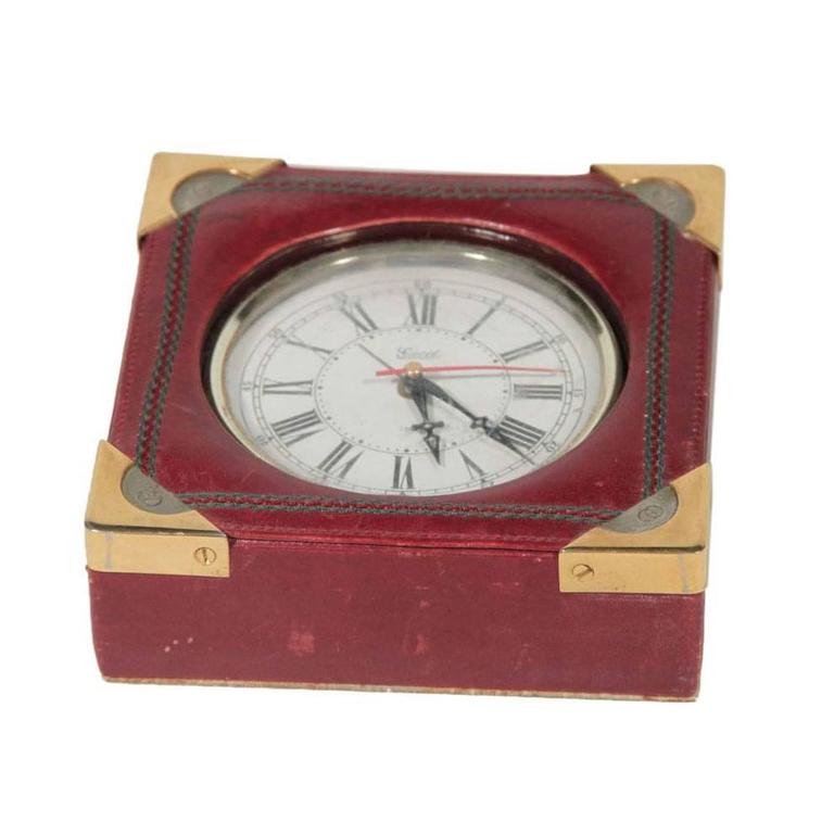 GUCCI Authentic VINTAGE Burgundy Leather DESK CLOCK WATCH w/ Stripes ...