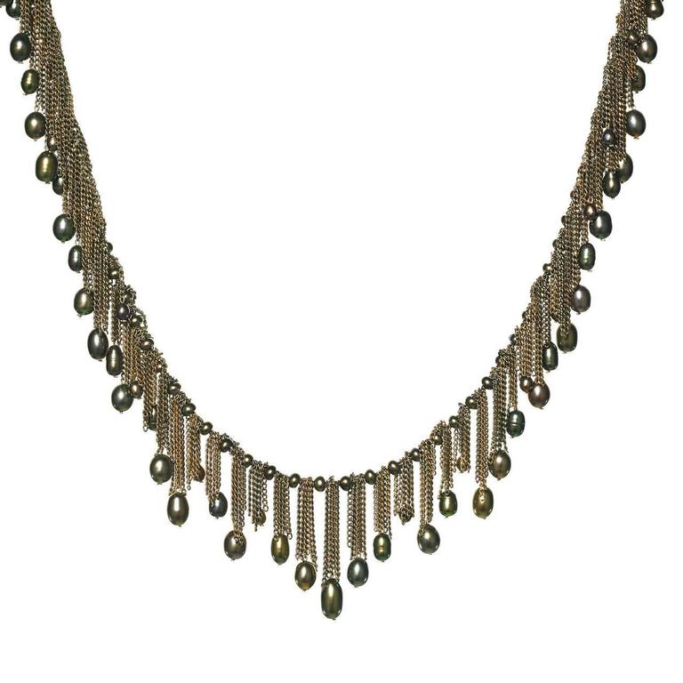 Giuliano Enamel Pearl Gold Fringe Necklace For Sale at 1stDibs