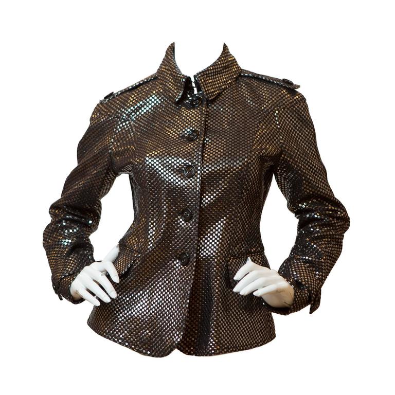 Burberry Black Leather Jacket with Silver Sparkle Pattern For Sale at ...