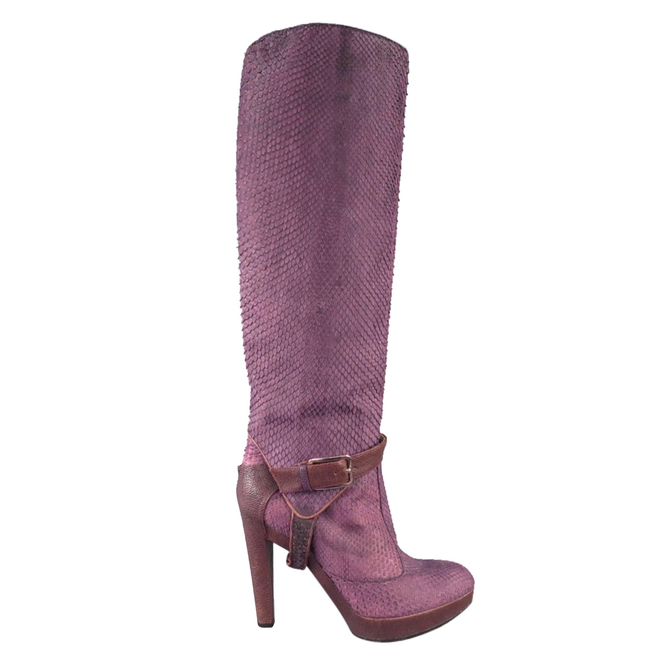 CHRISTIAN DIOR Size 6.5 Purple Python Knee High Harness Boots at 1stDibs
