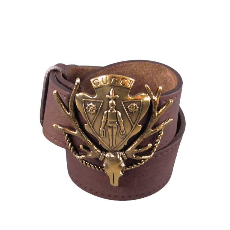 GUCCI Brown Leather Gold Elk Skull Suit of Armor Coat of Arms Buckle ...