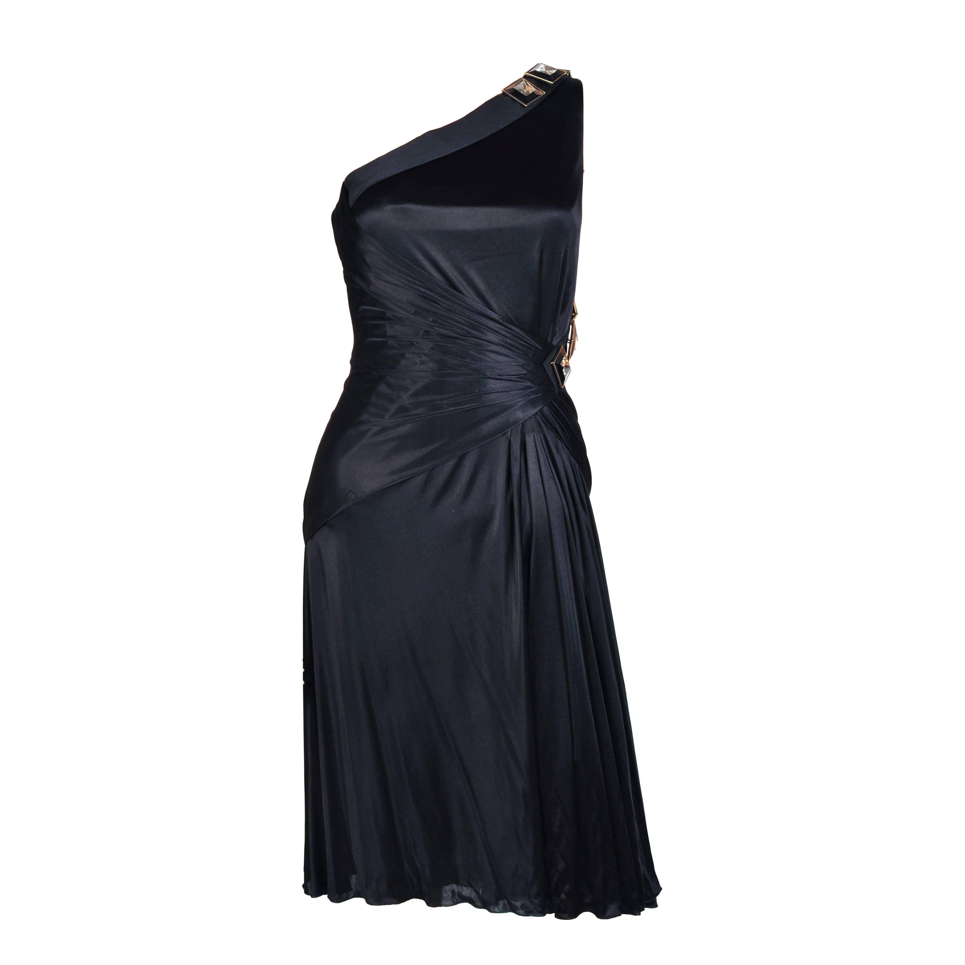 Versace Runway Black Strapless Draped Leather Mini Dress Size 38 For ... Versace Runway Black Strapless Draped Leather Mini Dress Size 38 For ...