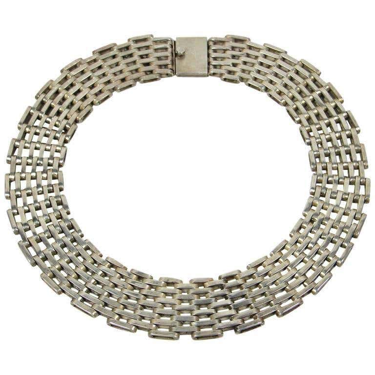 Substantial Taxco Mexican Silver Basketweave Collar Necklace For Sale