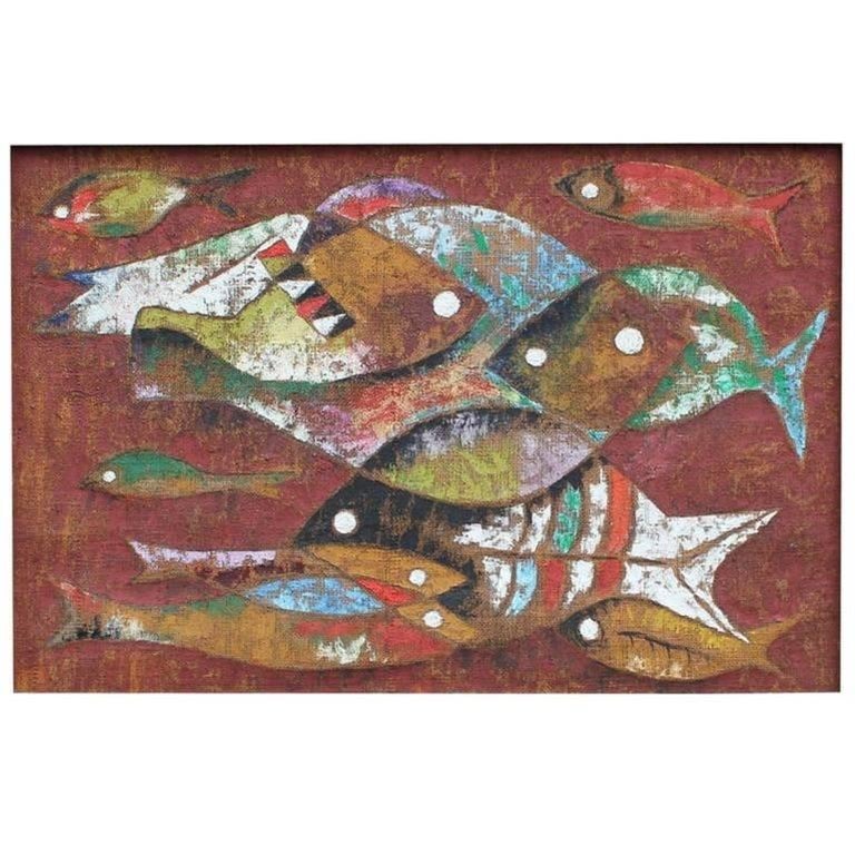 Unknown - Mid-Century Modern Abstract Cubist Fish Painting at 1stDibs