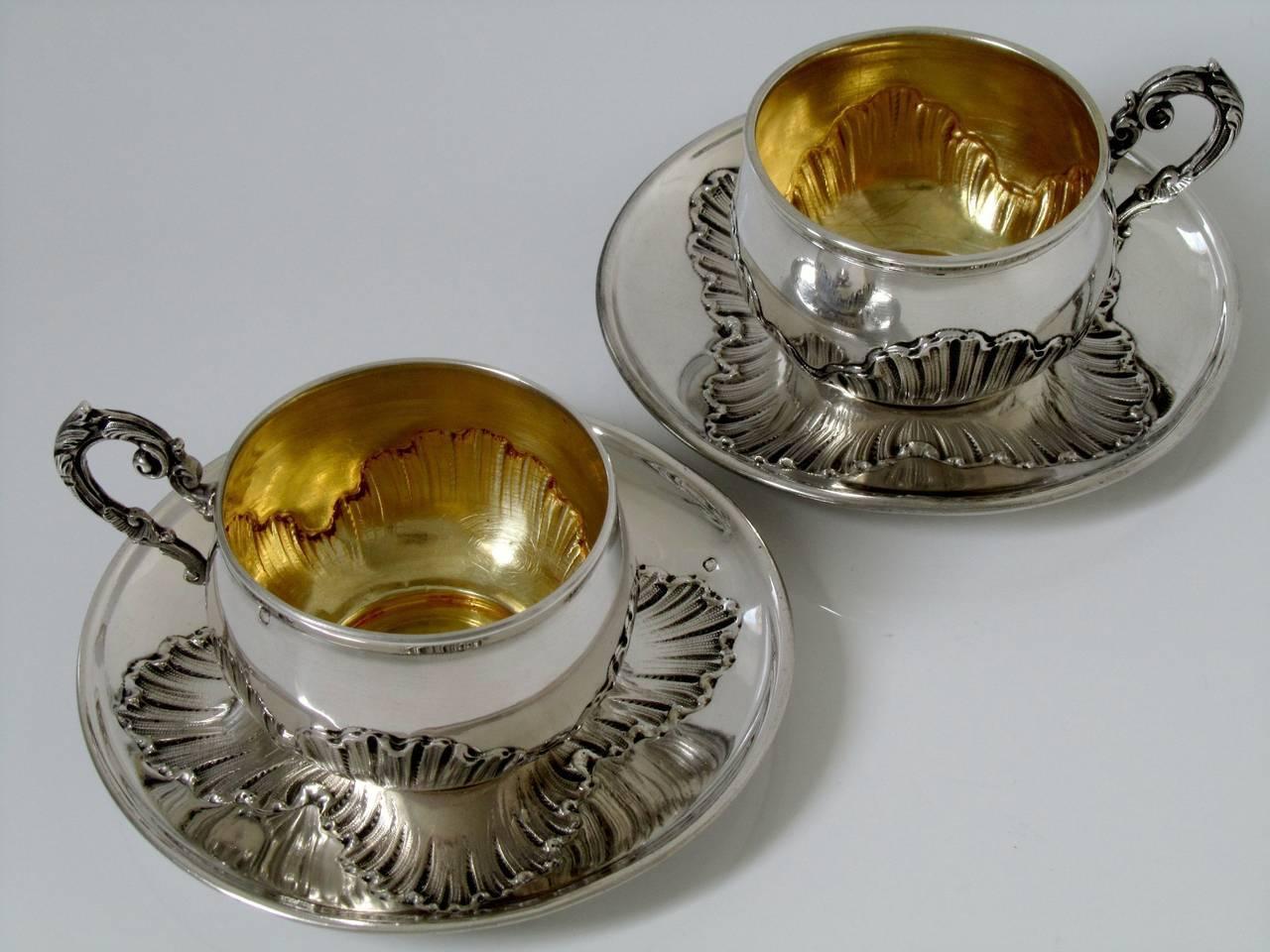 Pair of French Sterling Silver 18-Karat Gold Coffee/Tea Cups with ...