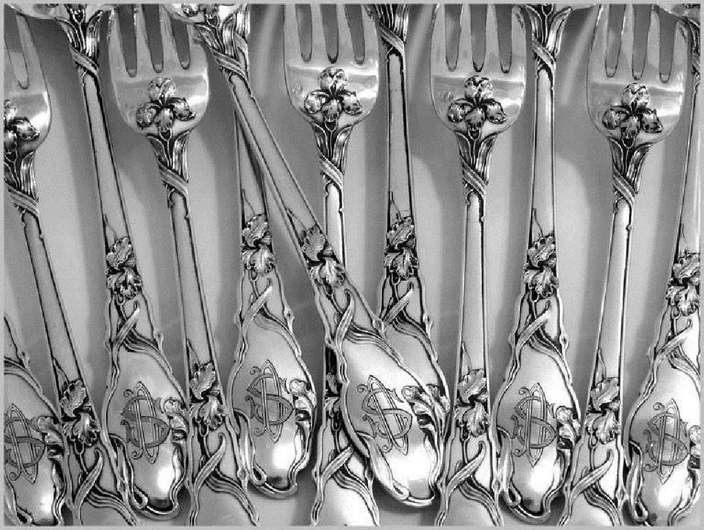 Ravinet Rare French Sterling Silver Dinner Flatware Set 12 Pieces Iris ...