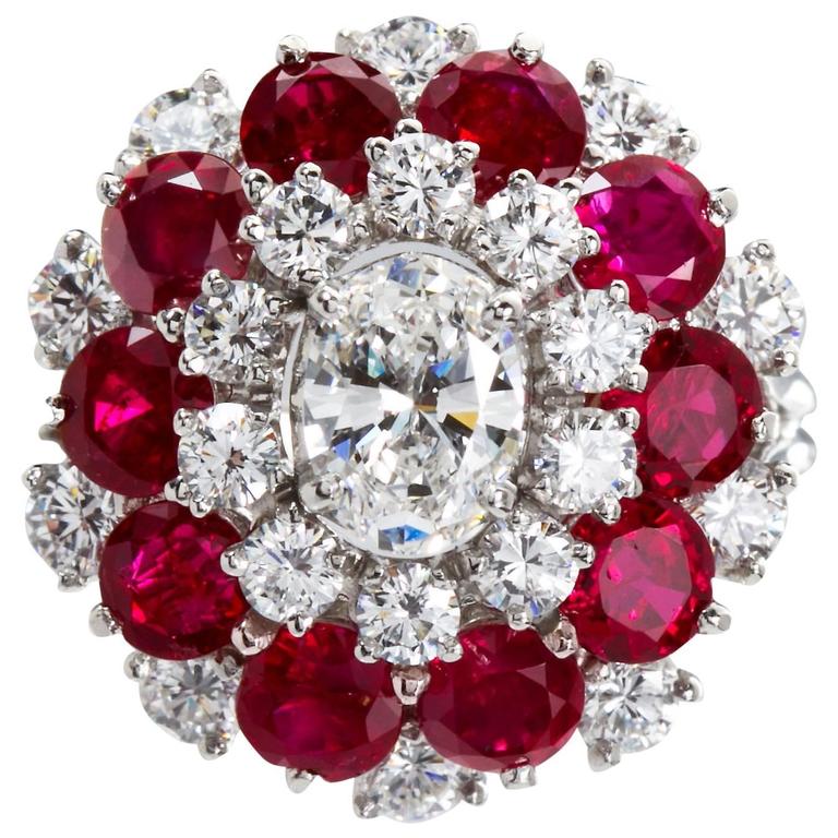 J. E. Caldwell and Co. Diamond Ruby Cluster Cocktail Ring at 1stDibs