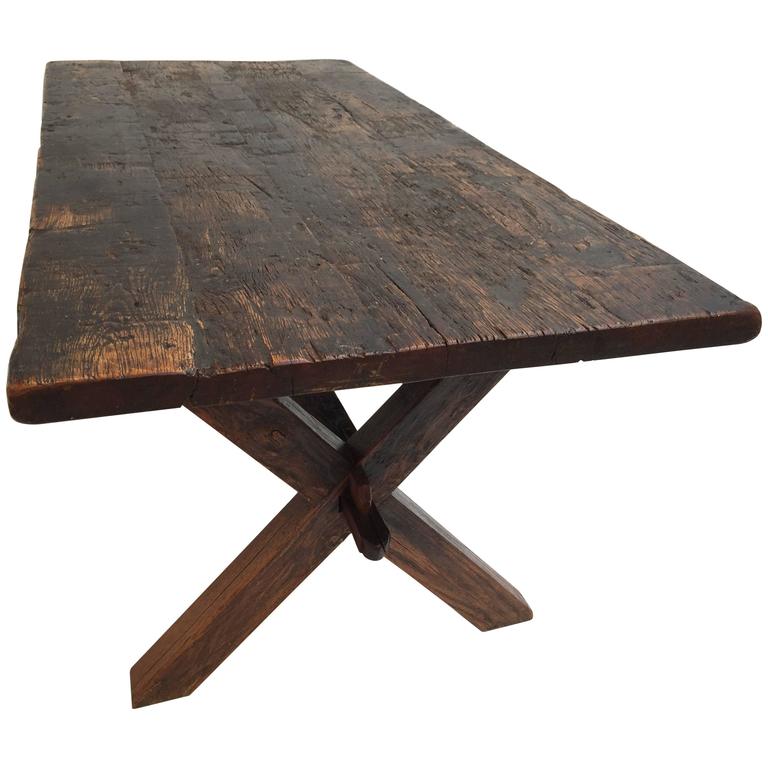 French Brutalist Rustic Stained Oak Dining Table in the Manner of ...