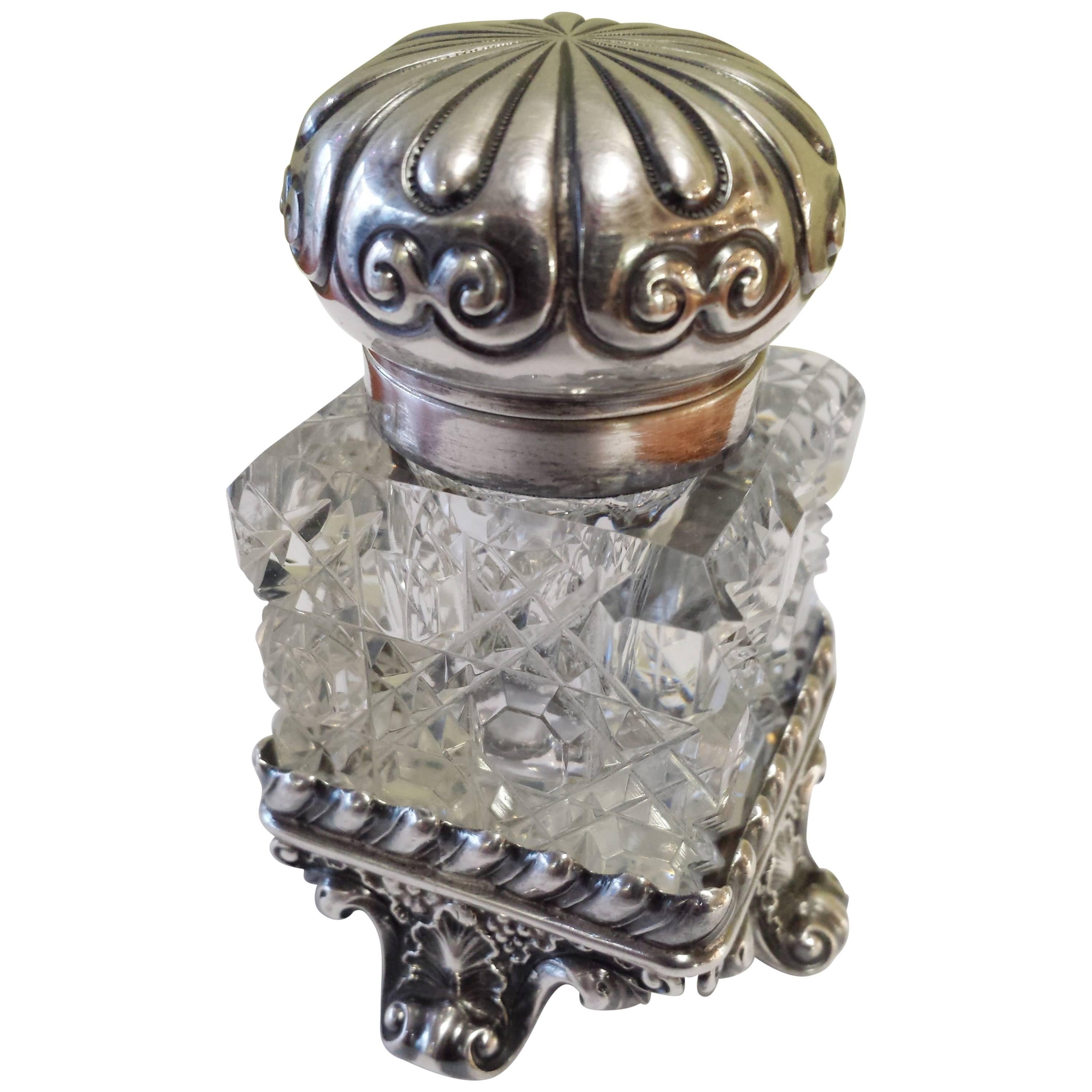 Sterling Silver and Cut Crystal Inkwell With A Seperate Sterling Base ...