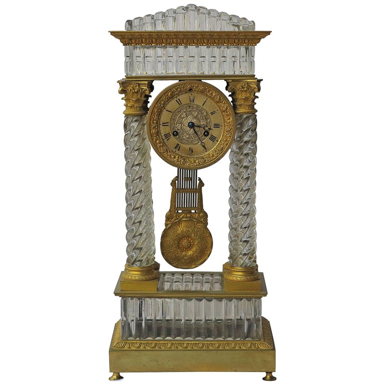 1830' Clock Portico Charles X Crystal Baccarat and Golden Bronze at 1stDibs