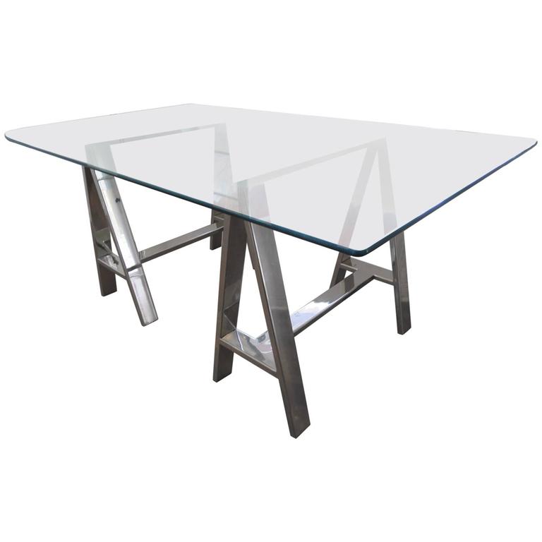 Steel and Glass Trestle Table at 1stDibs