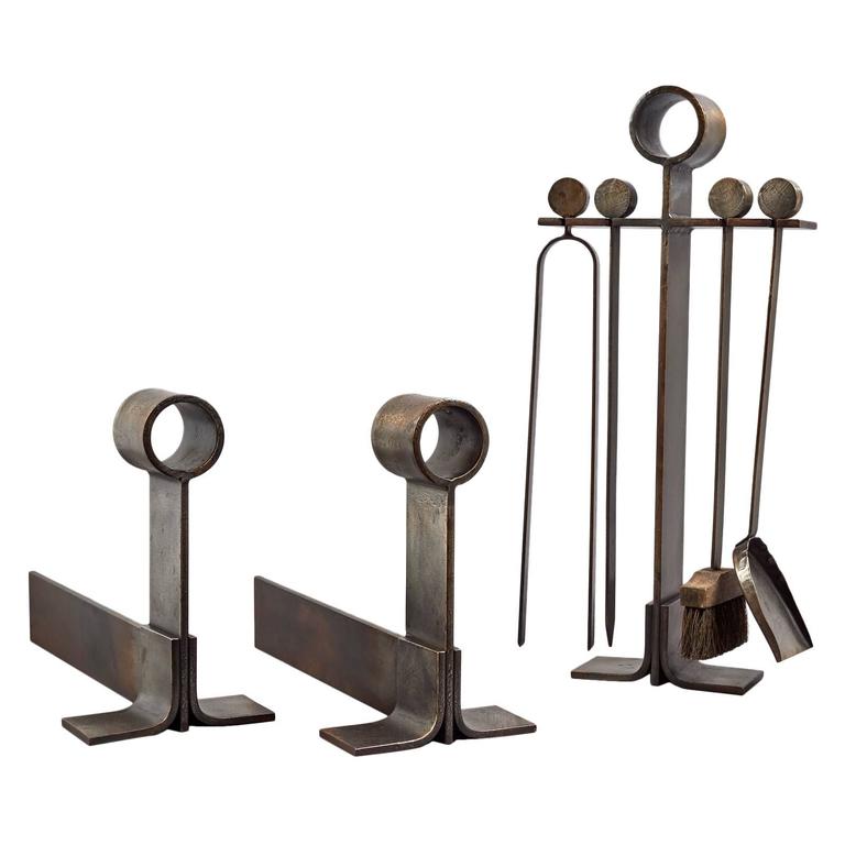 Modernist Wrought Iron Fireplace Set, France, 1950s at 1stDibs