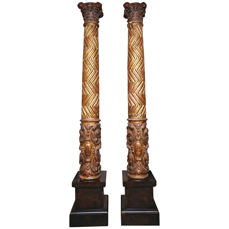 Pair of 17th Century Spanish Carved Gilt and Polychrome Wood Columns at ...