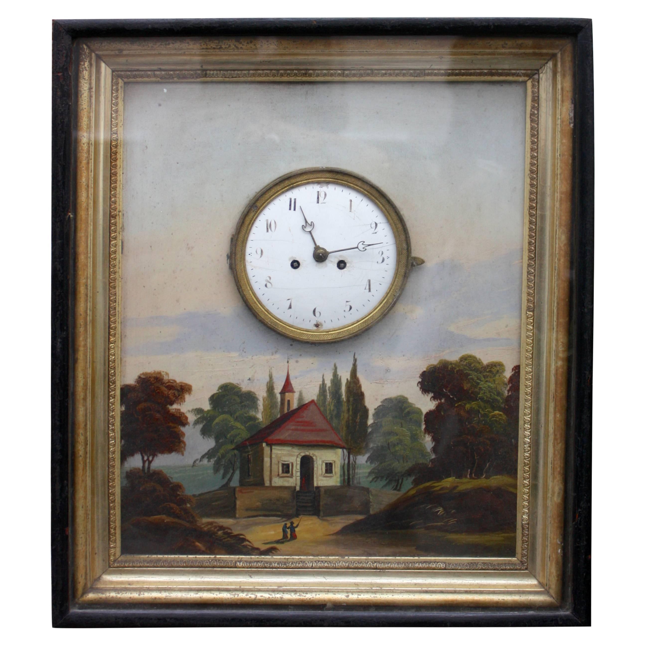 19th c. Painting With Enamelled Wall Clock at 1stDibs