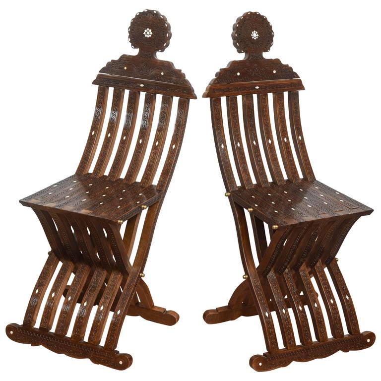 Pair of 19th Century Syrian Folding Chairs with Mother-of-Pearl Inlays ...