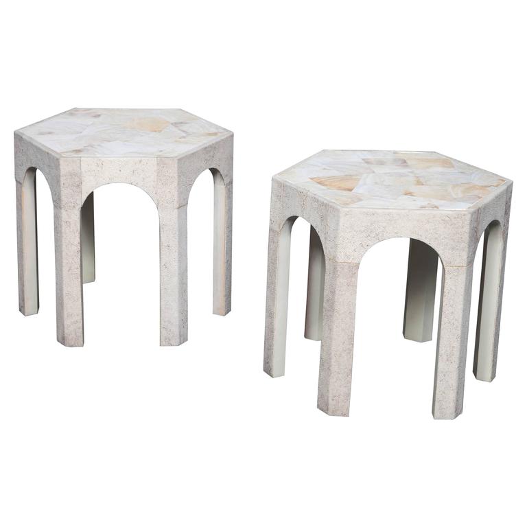 Pair of Natural Shagreen and Abalone Shell Hexagonal Tables at 1stDibs