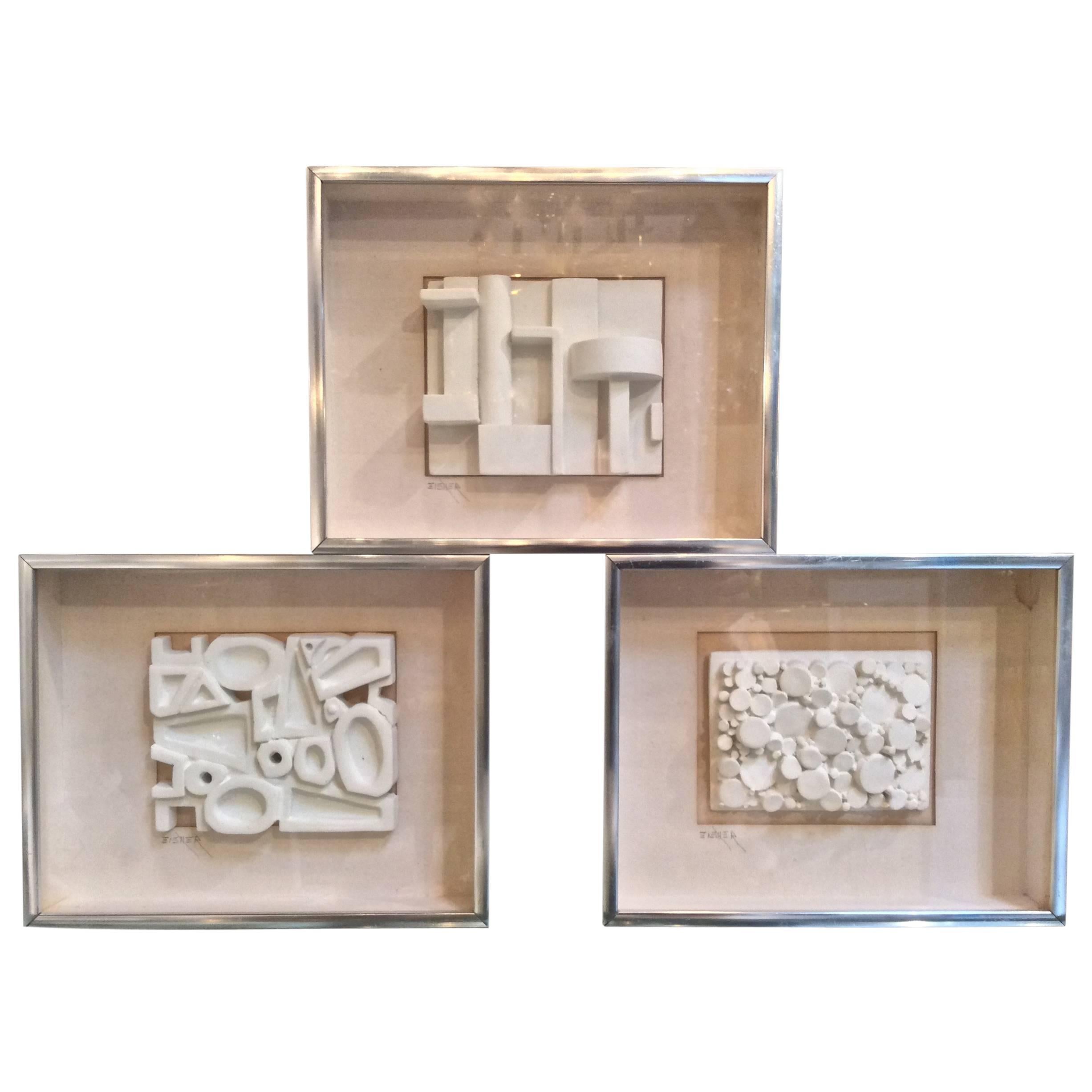 Trio of Modernist Wood Block Wall Sculptures, Signed by Artist Jack ...