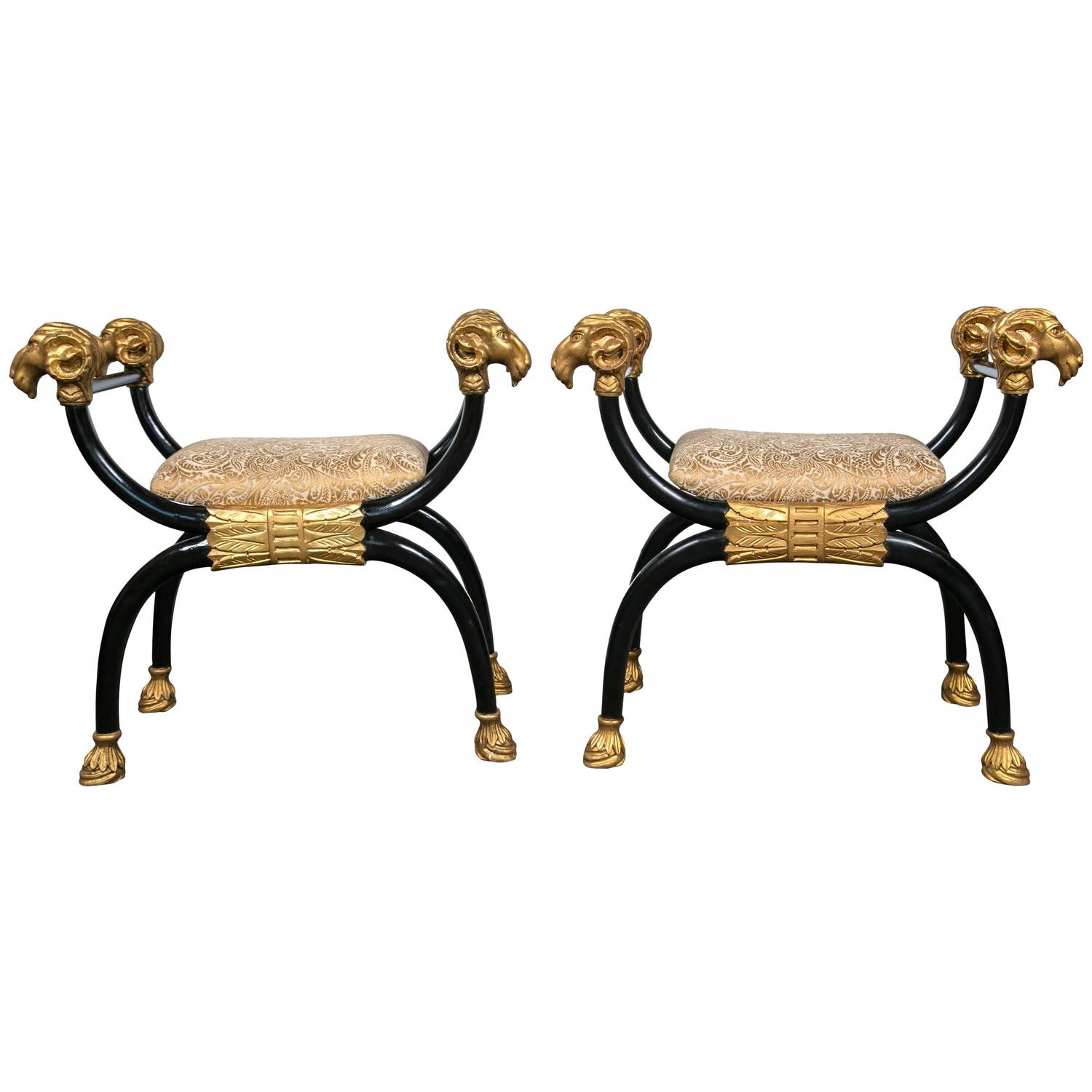 Pair of Ram's Head Ebonized and Gilt Gold "X" Benches at 1stdibs