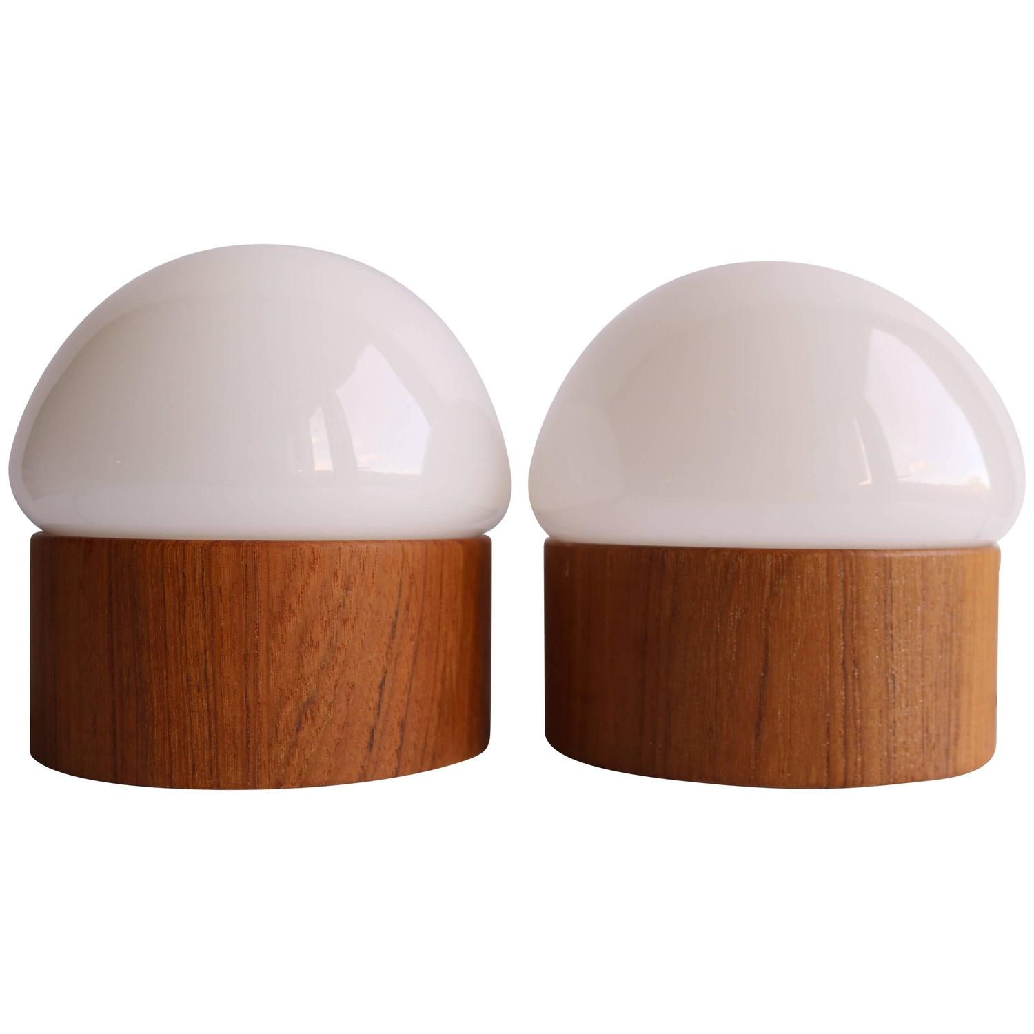 Pair of Mid-Century Modern Round Teak and Glass Dome Table Lamps at 1stdibs
